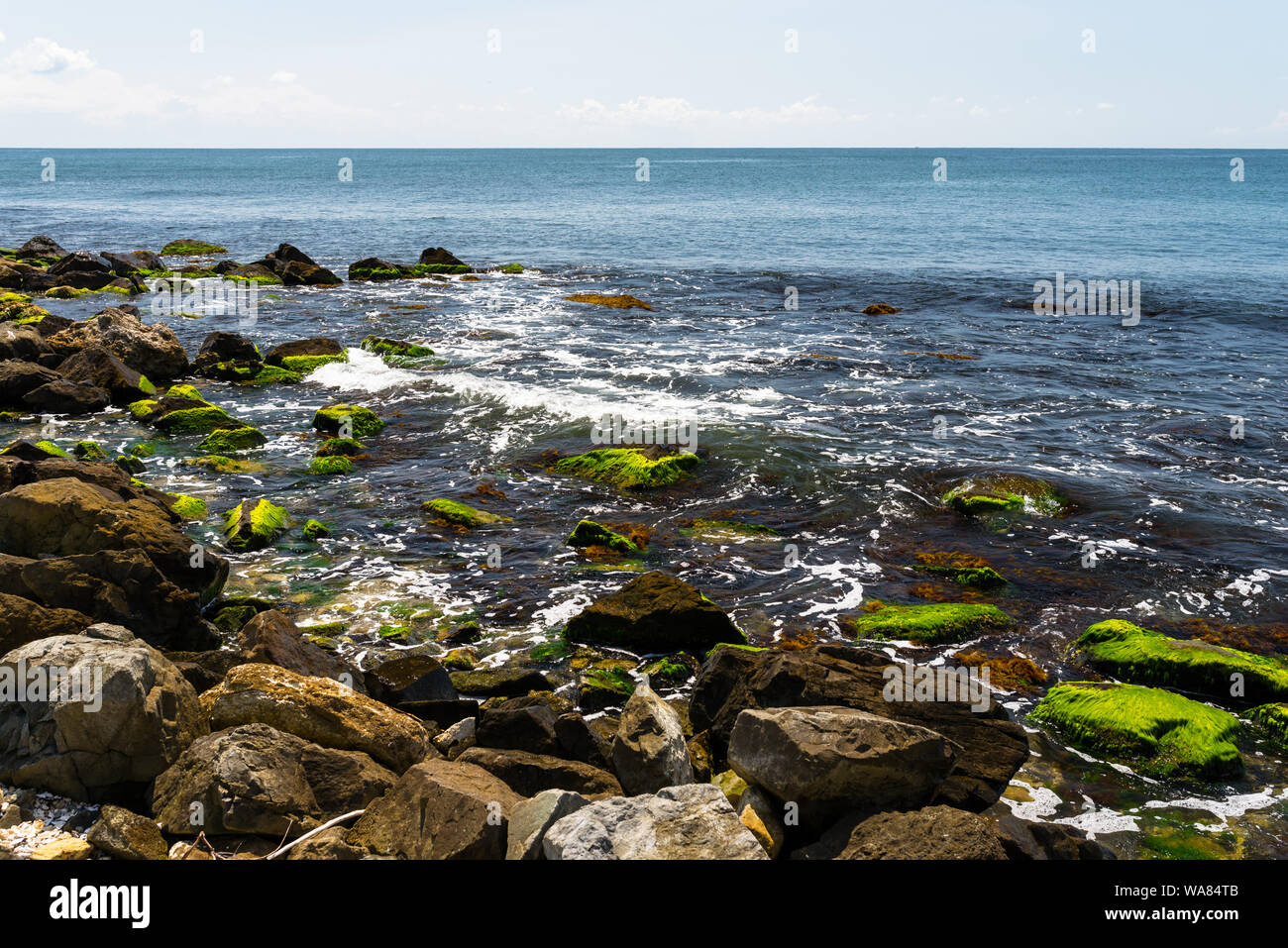 Rocky shore over the beautiful Black Sea, in Nessebar, Bulgaria. In the ...