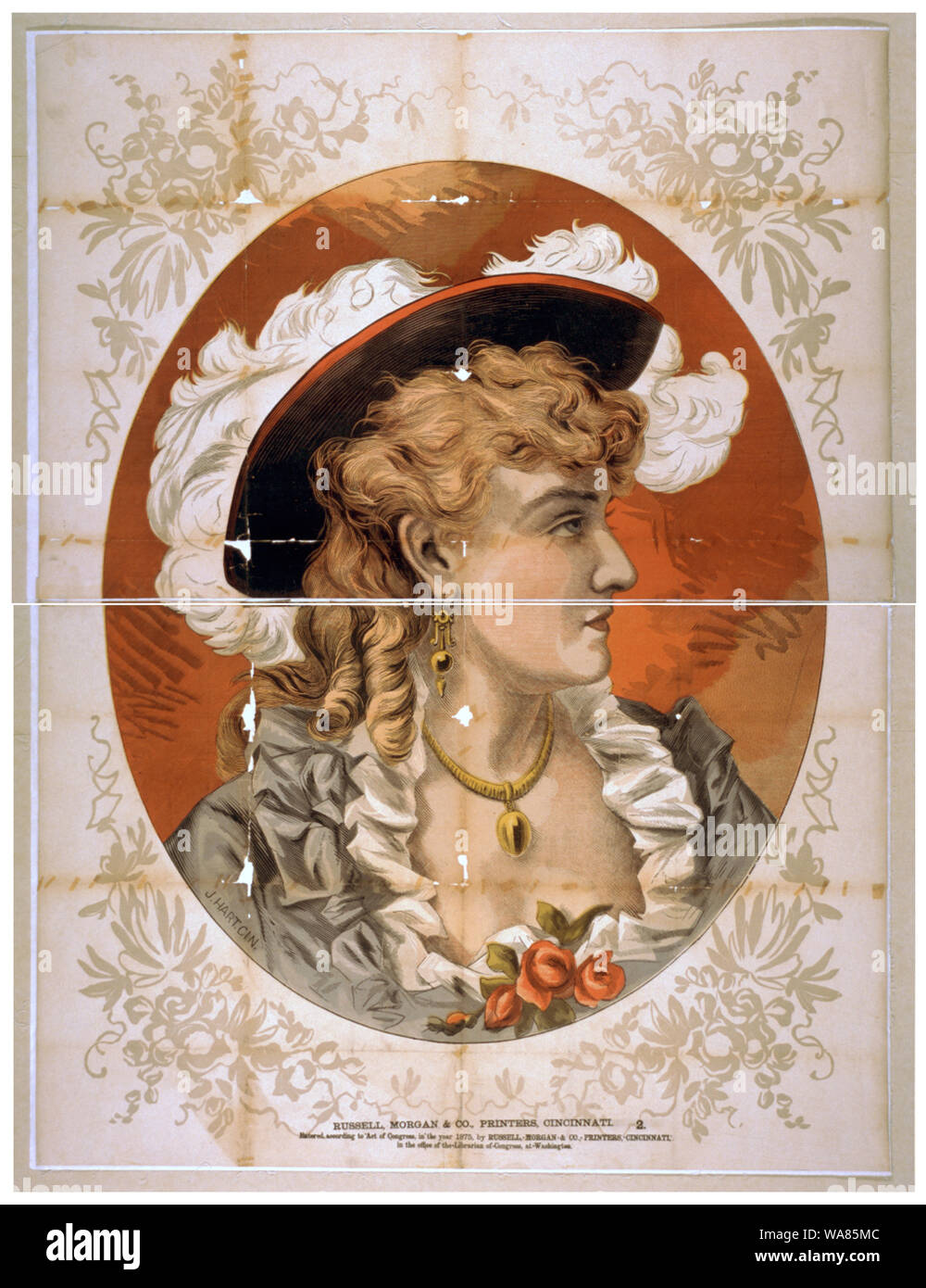 Bust view of woman, wearing plumed hat and gray dress Stock Photo - Alamy