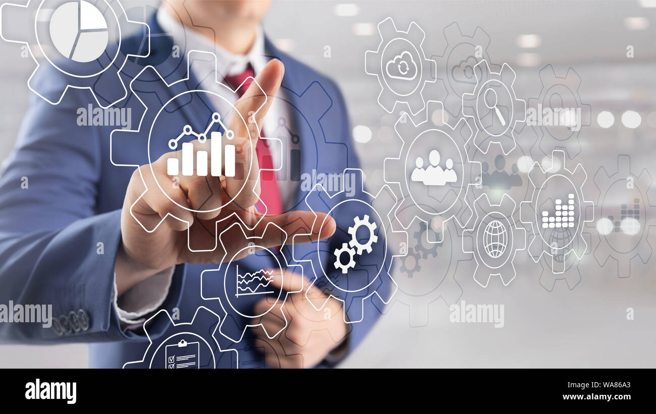 Business process abstract diagram with gears and icons. Workflow and ...