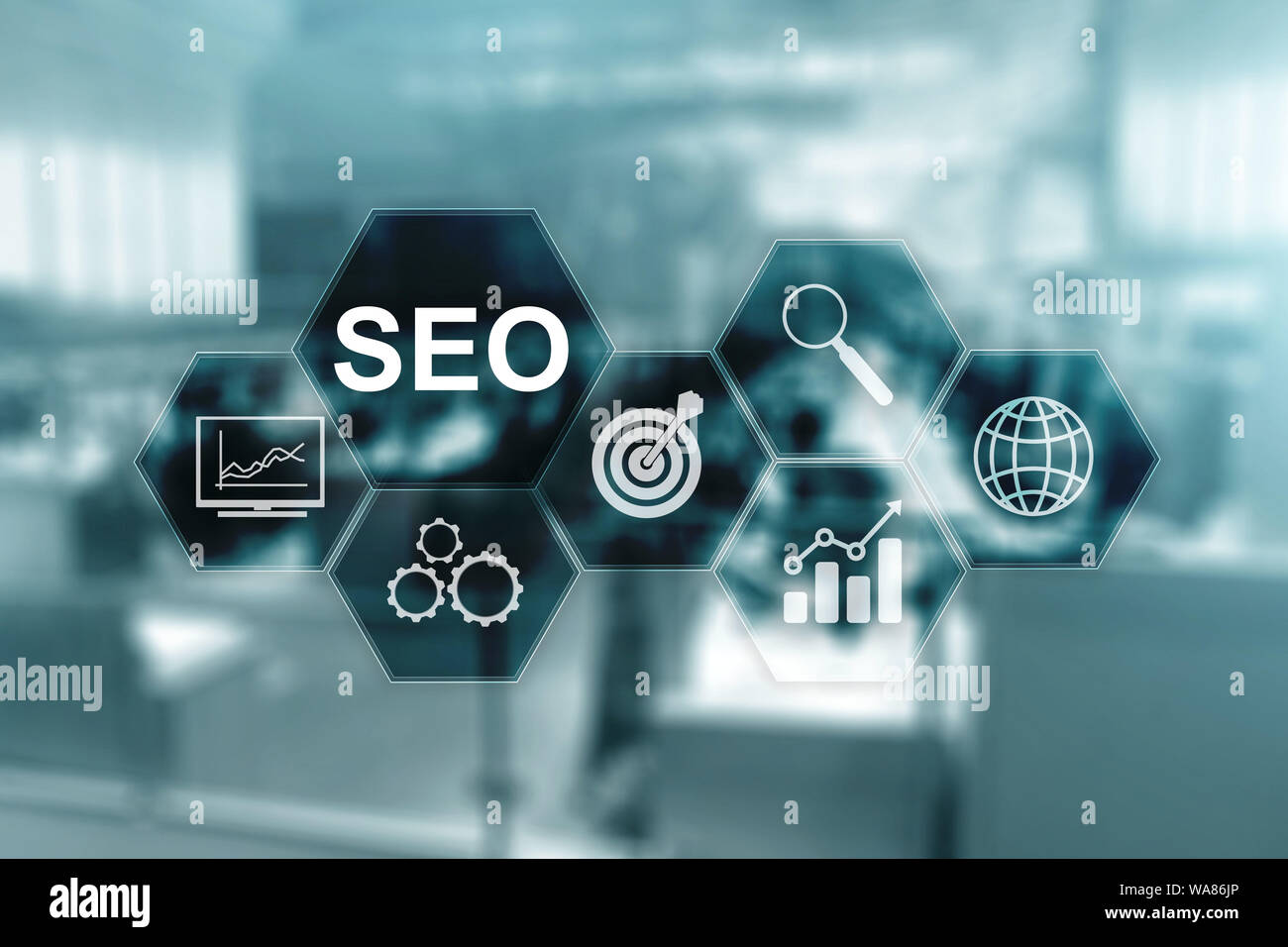 SEO. Search Engine optimization. Business technology on blurred office ...