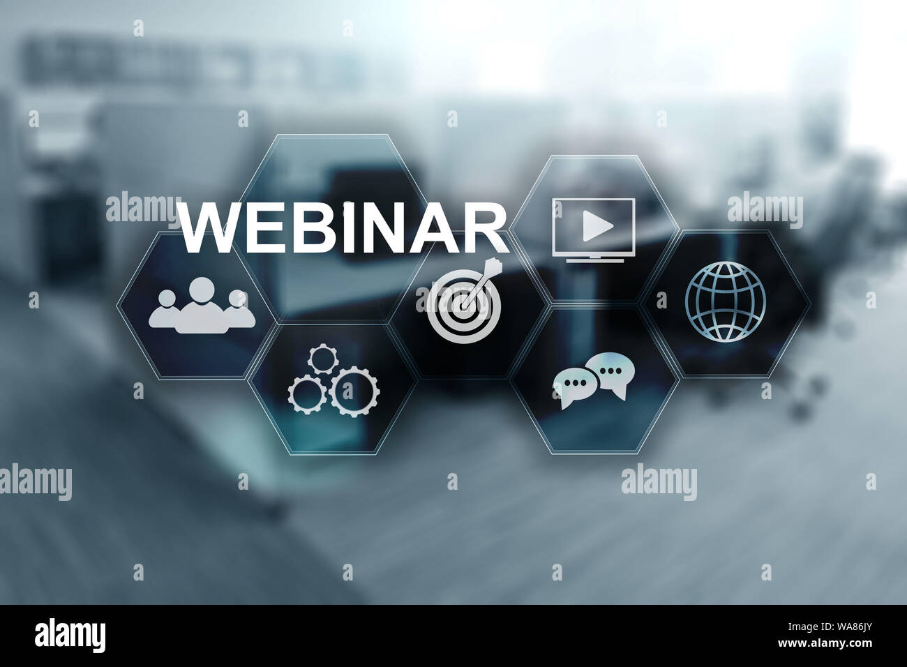 Webinar on virtual screen. Inscription on blurred office background ...