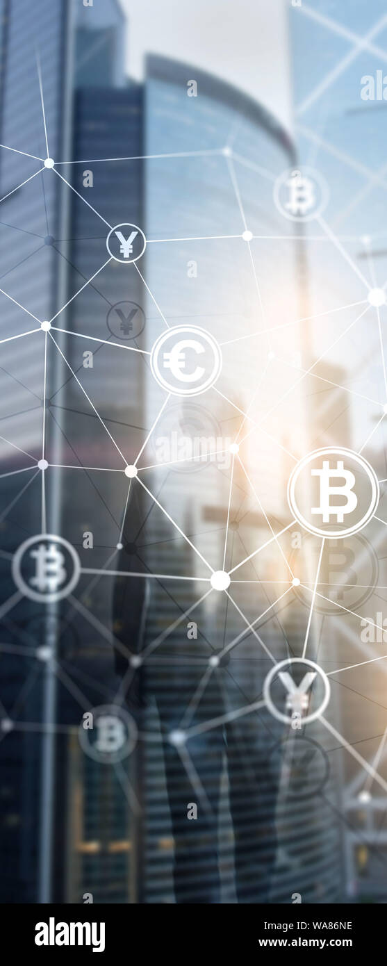 Vertical Panorama Banner. Double exposure Bitcoin and blockchain ...