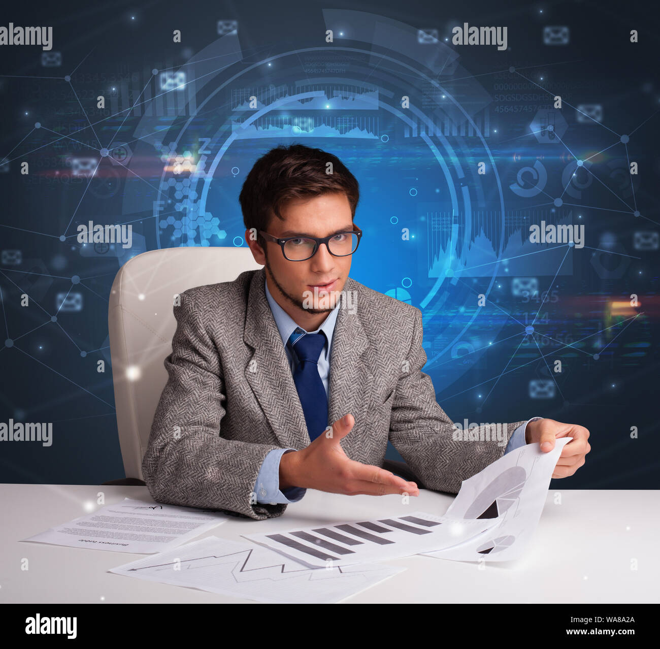 Manager in front of the office desk with connections and teamwork ...