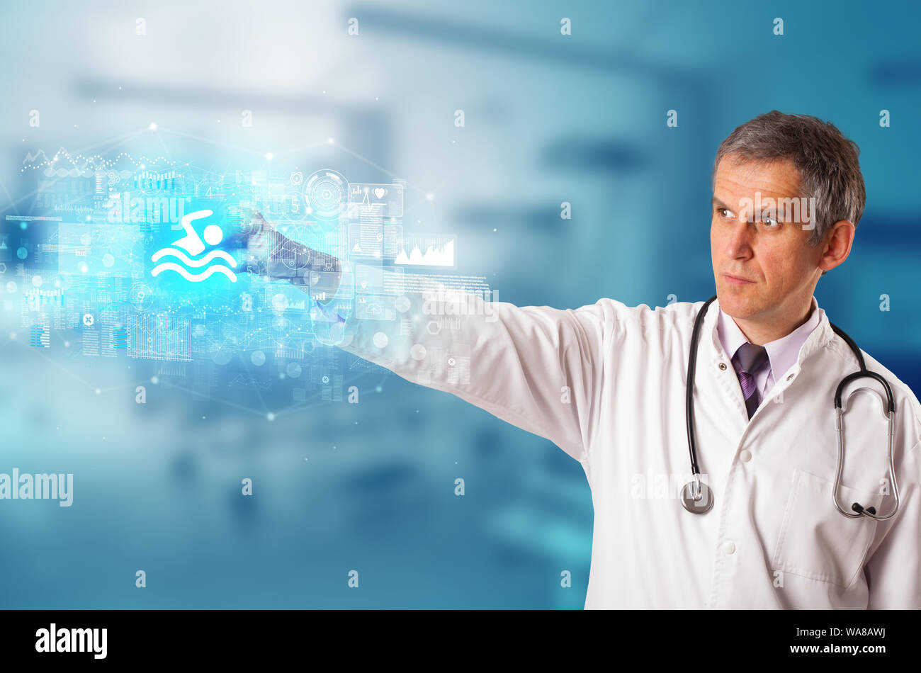 Doctor touching hologram screen displaying healthcare running symbols ...