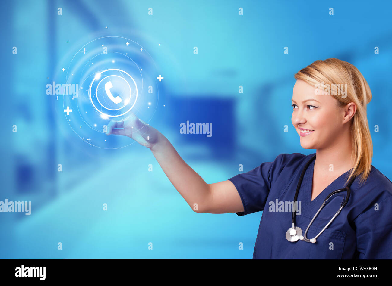 Doctor touching blue screen with call center concept Stock Photo - Alamy