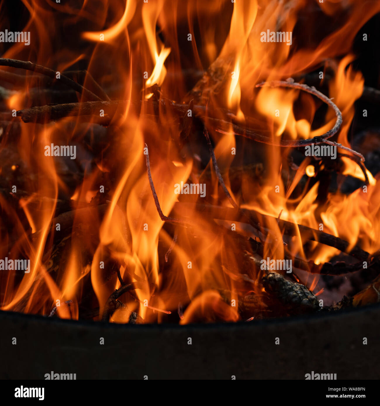 Flames Billow Around Campfire Wood in fire pit Stock Photo - Alamy