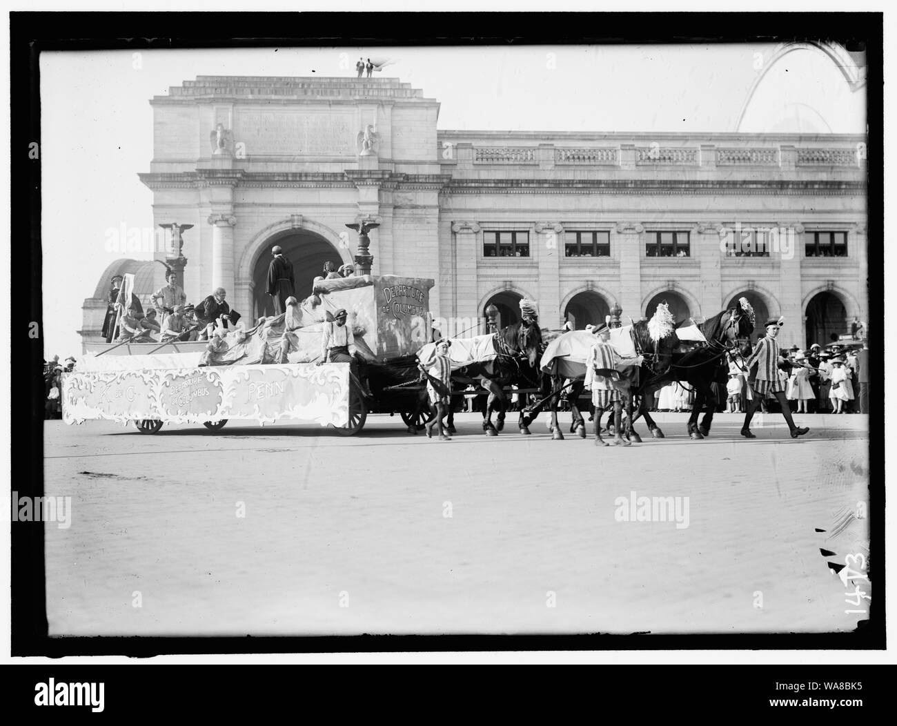 The Departure of Columbus float in front of Union Station at the ...