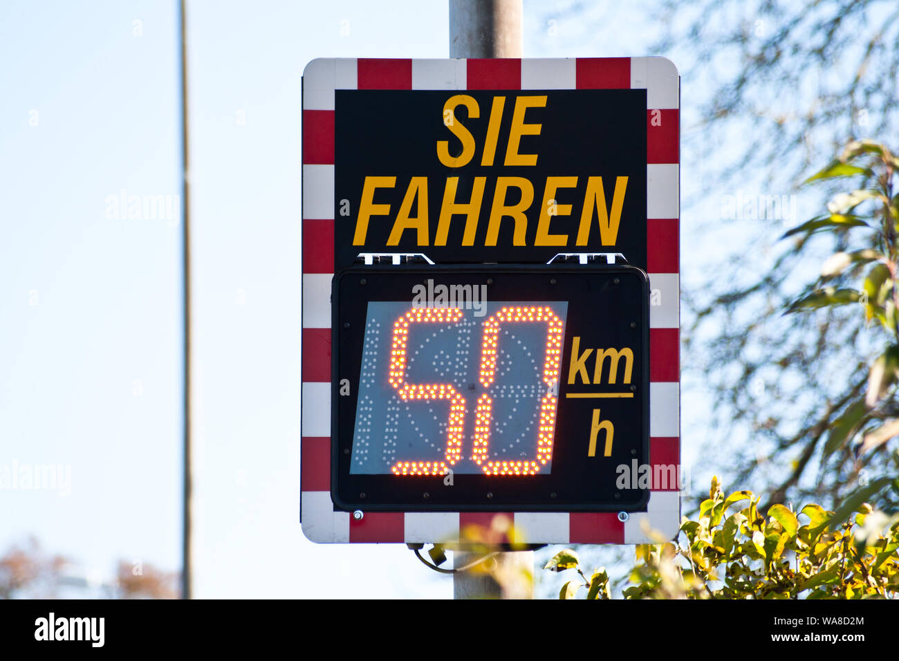 Digital speed limit sign in germany shows car driver speed measurement ...