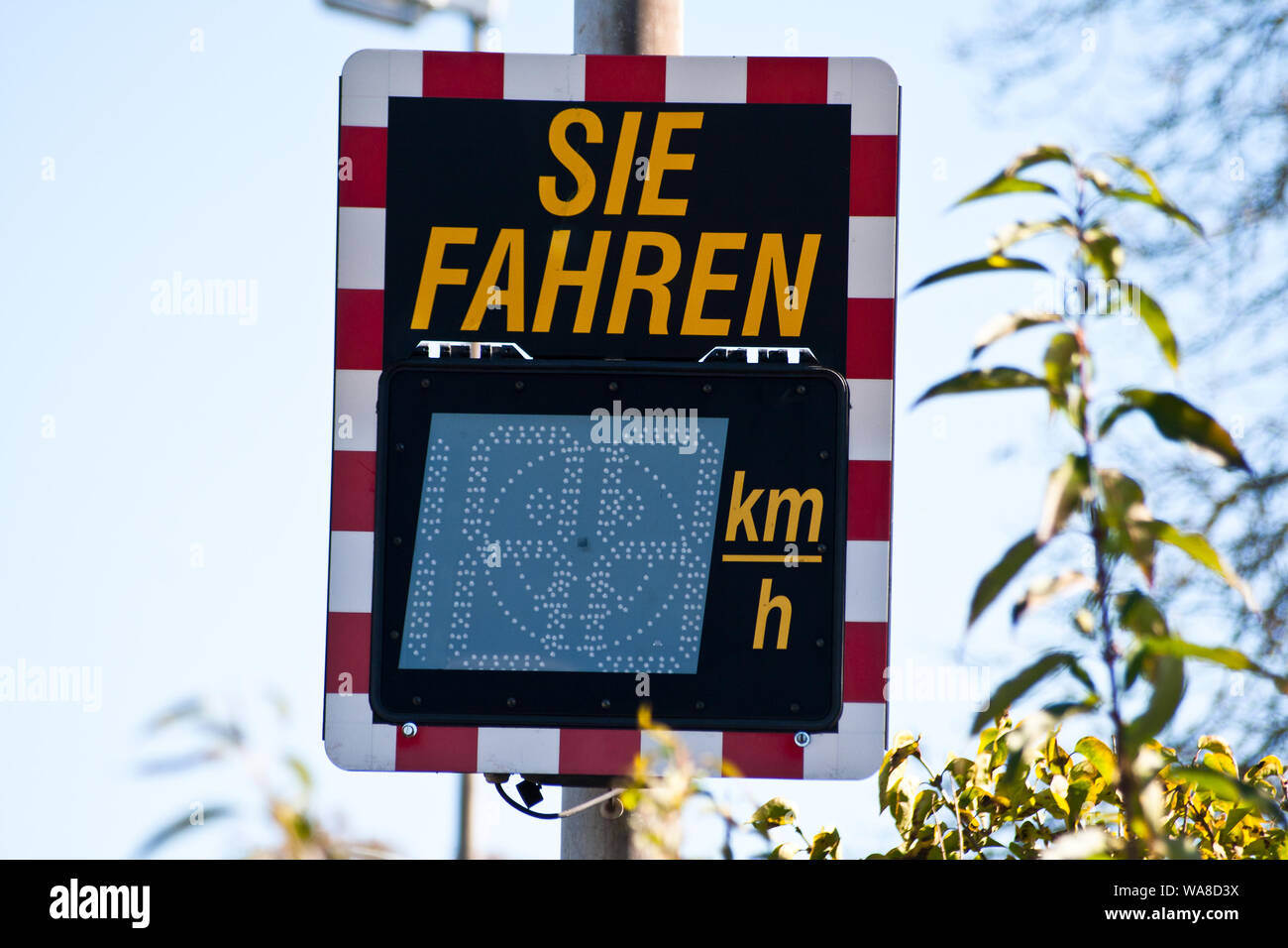 Digital speed limit sign in germany shows car driver speed measurement ...