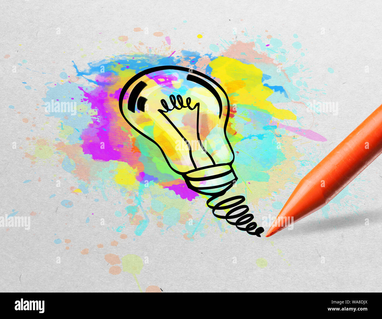 Drawing colorful bulb and multimedia symbols on white paper Stock Photo ...