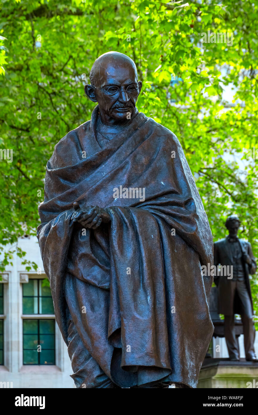 London, UK - May 13 2018: Statue of Mahatma Gandhi at the Parliament ...