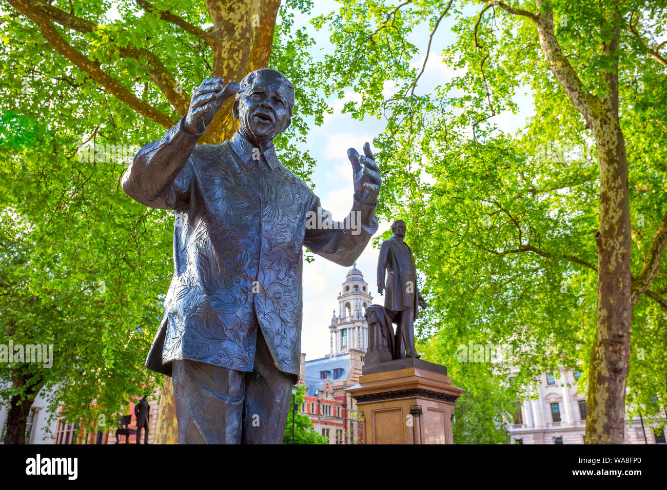 London, UK - May 13 2018: Statue of Nelson Mandela at the Parliament ...