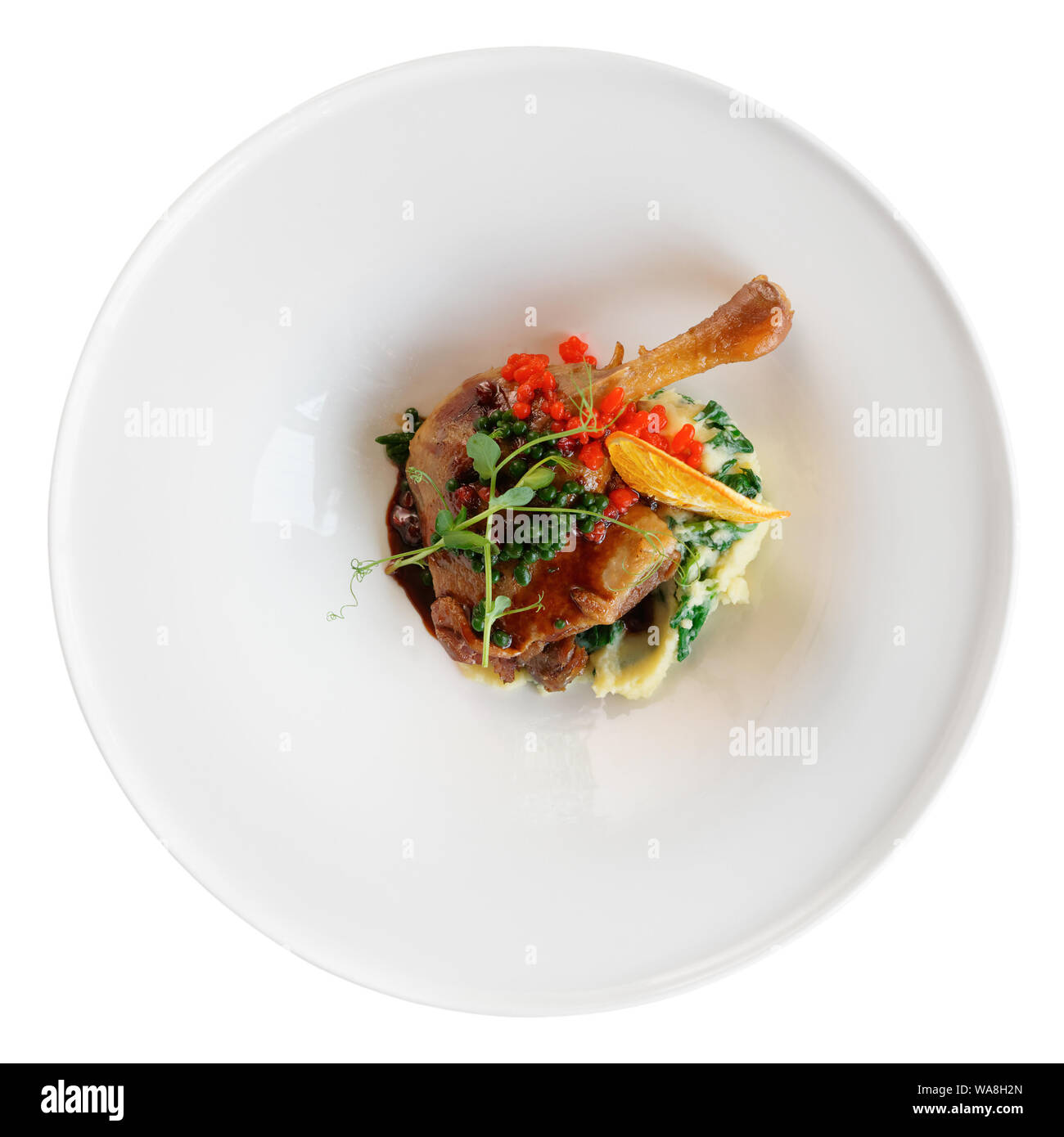 Fried duck leg in round porcelain plate isolated over white baclground ...