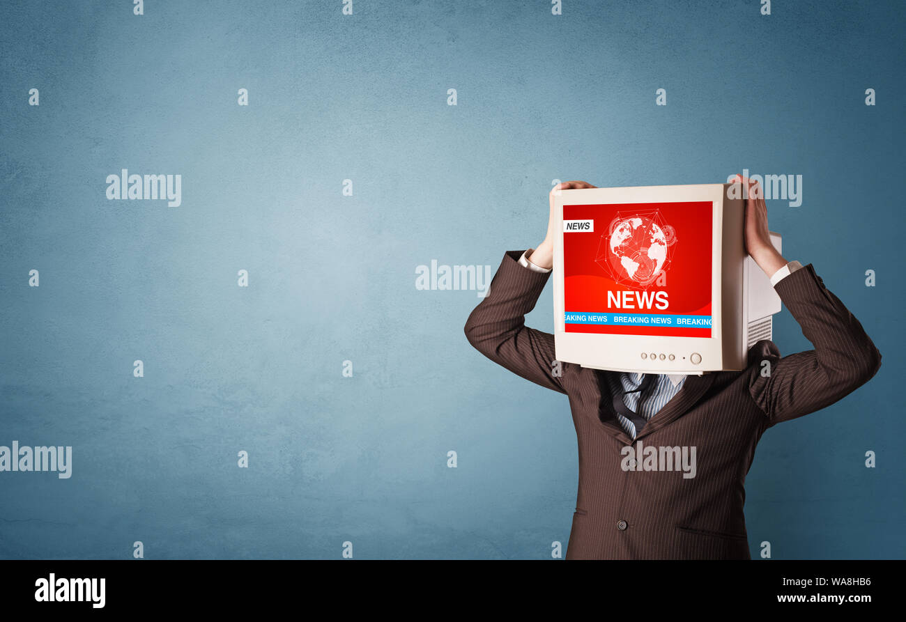 Young person with monitor head, breaking news concept Stock Photo - Alamy