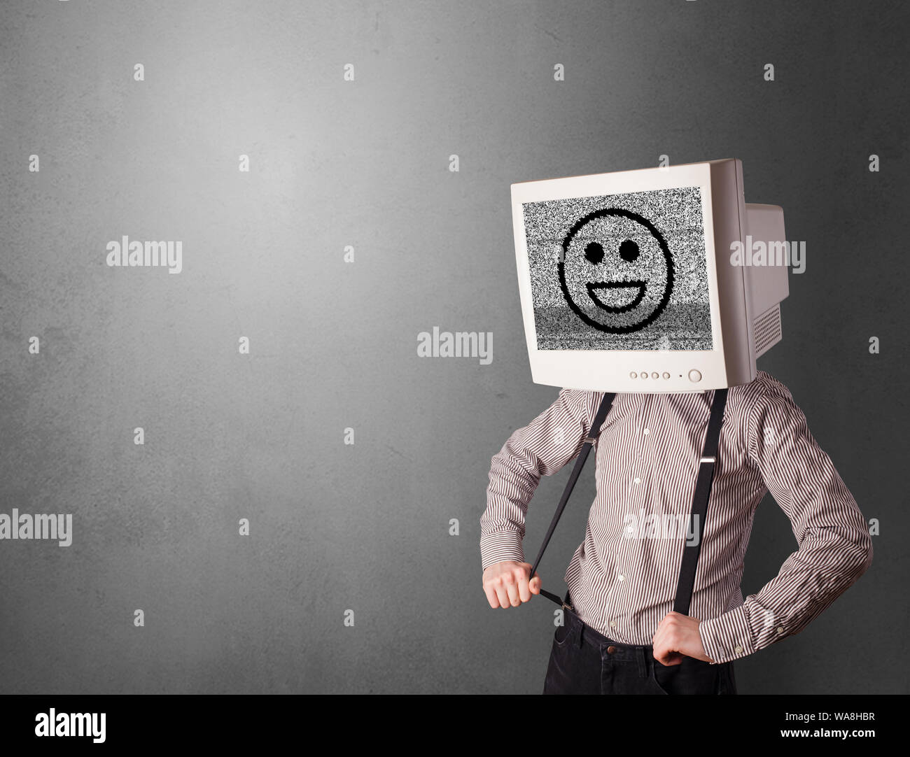 Young person with monitor head, old school smile concept Stock Photo ...