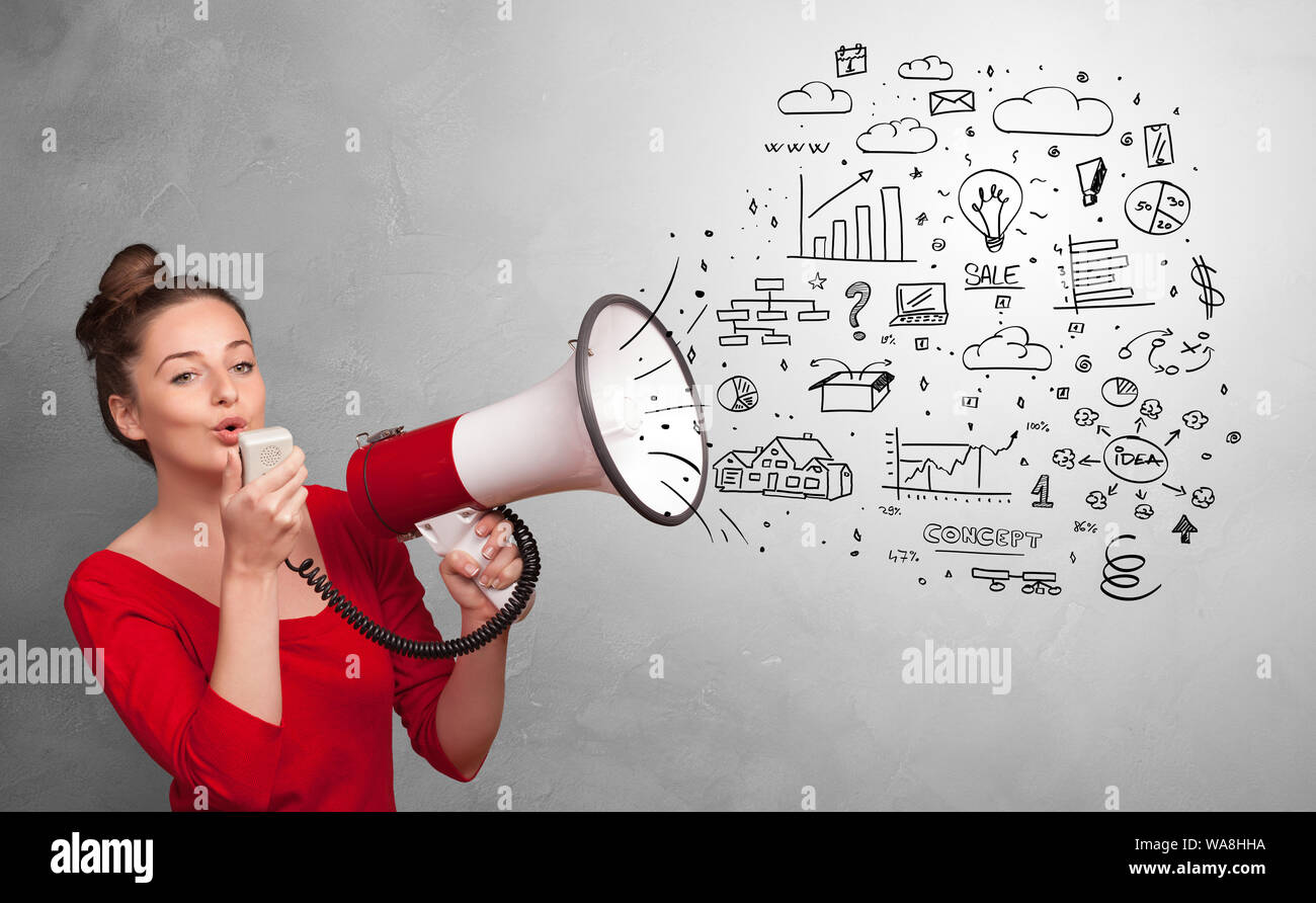 Person holding megaphone and yelling office concept Stock Photo - Alamy