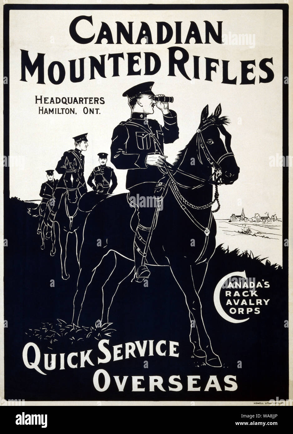 A World War I recruitment poster depicting the Canadian Mounted Rifles ...