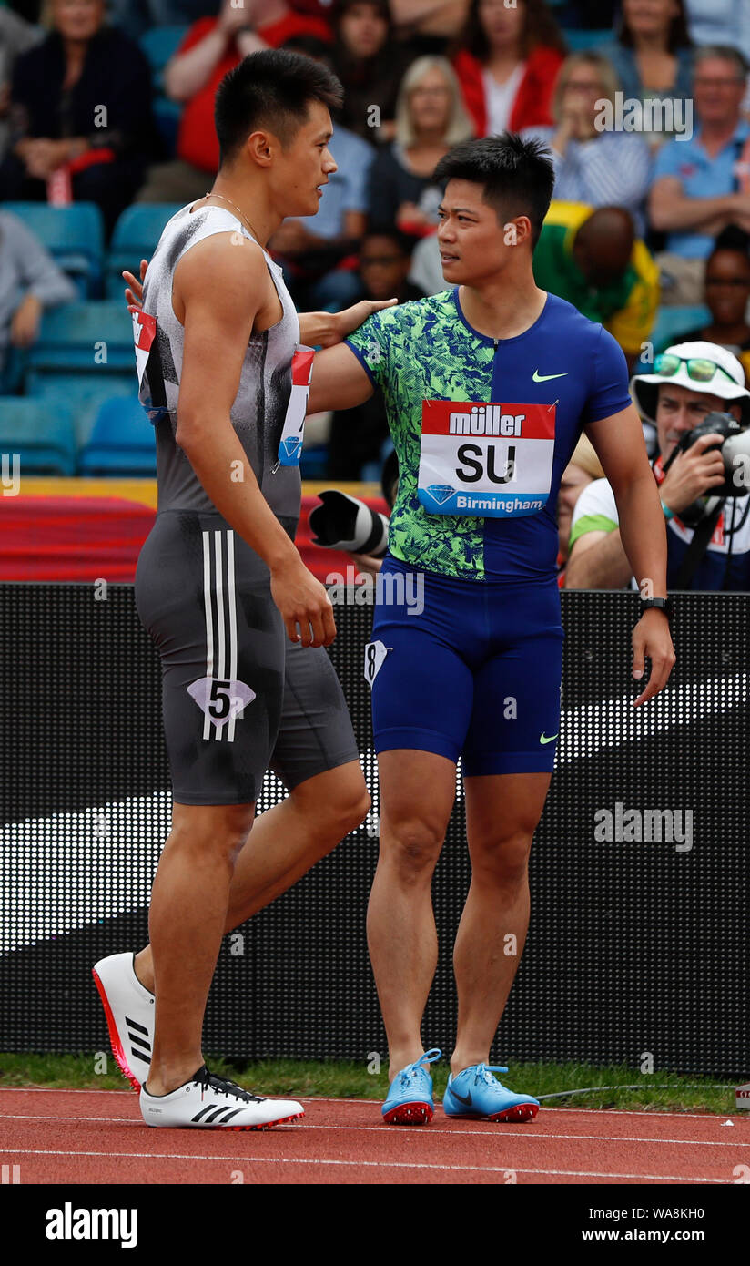 Birmingham. 18th Aug, 2019. China's Su Bingtian (R) and Xie Zhenye ...