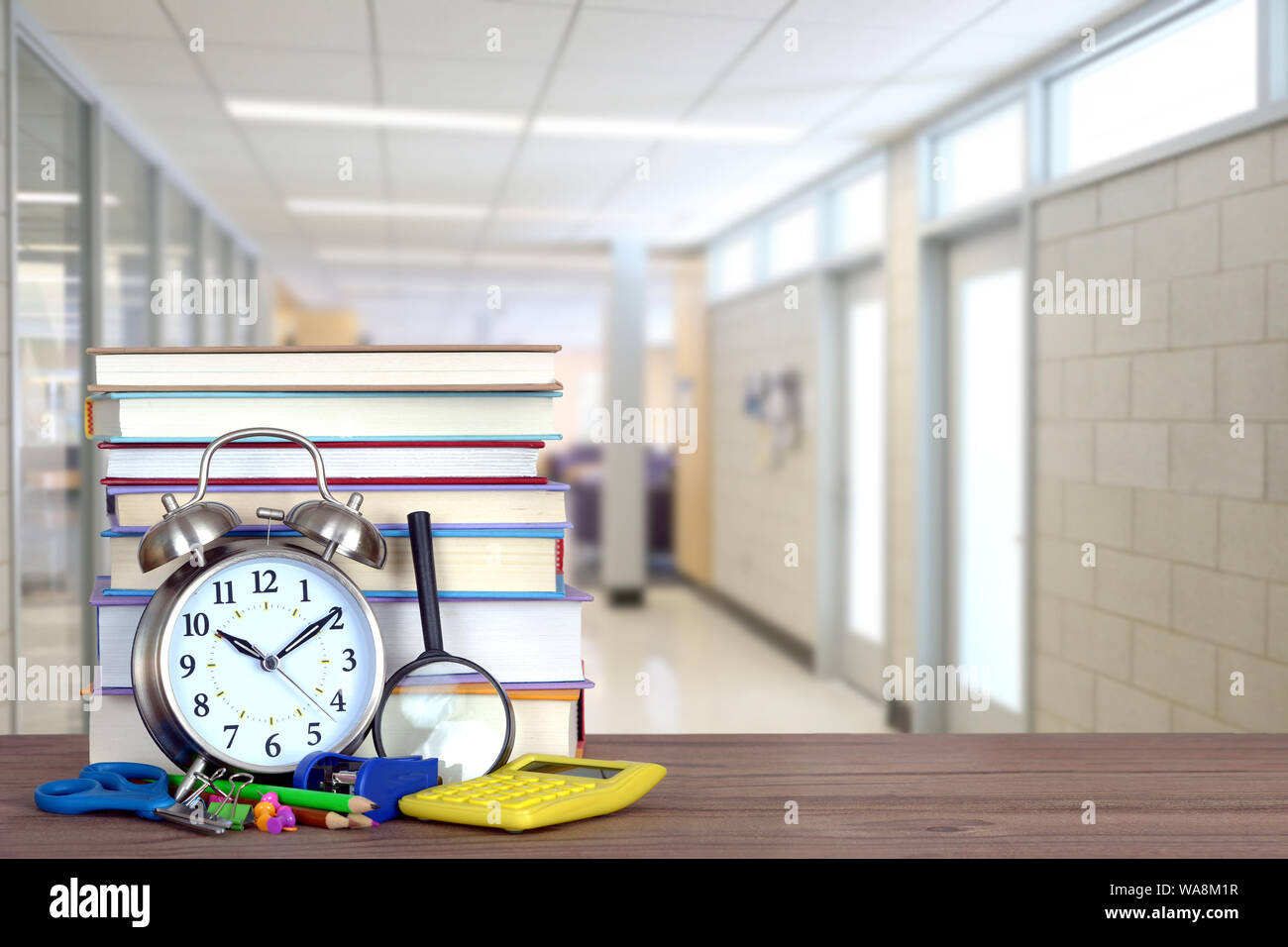 Back To School concept with book and blurry school hall background ...