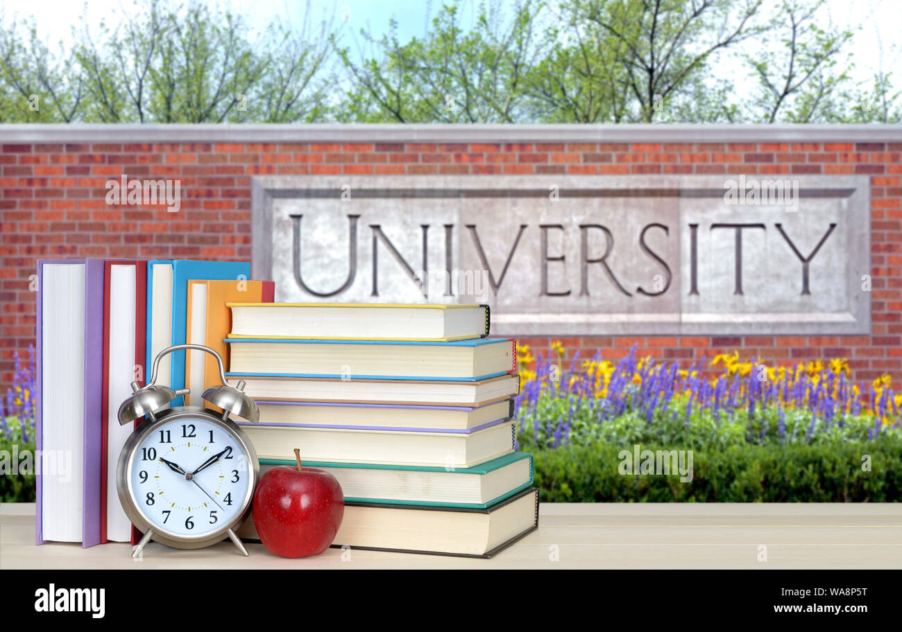 a pile of colorful books in the front of campus of university in Spring ...