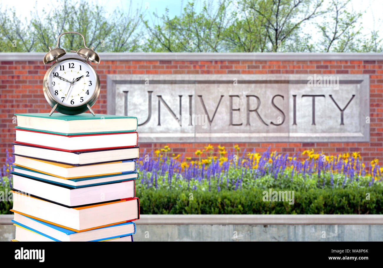 a pile of colorful books in the front of campus of university in Spring ...