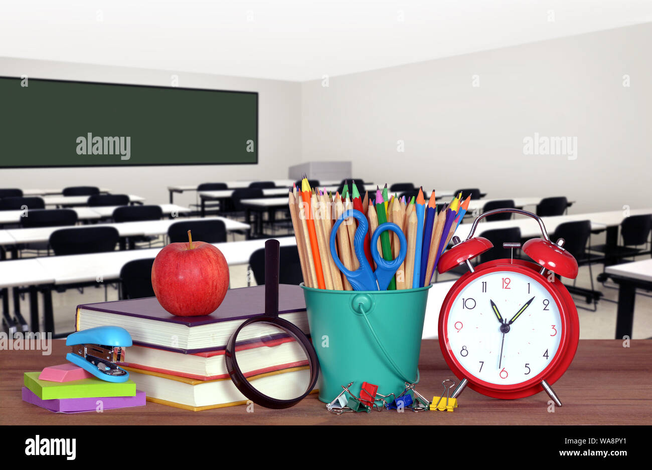 blurry empty classroom in school for back to school and education ...