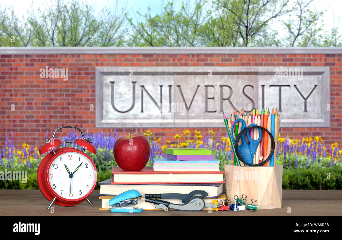 a pile of colorful books in the front of campus of university Stock ...