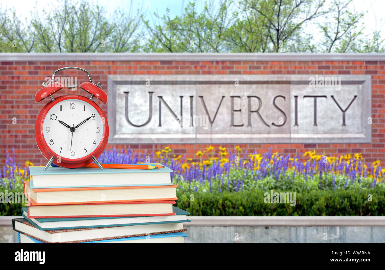 a pile of colorful books in the front of campus of university Stock ...