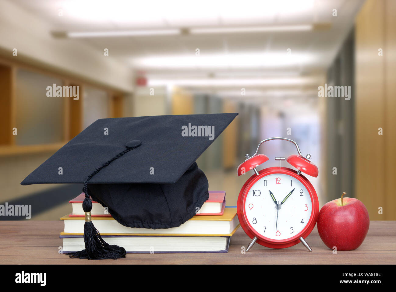very blurry school hall background and book for education concept Stock ...