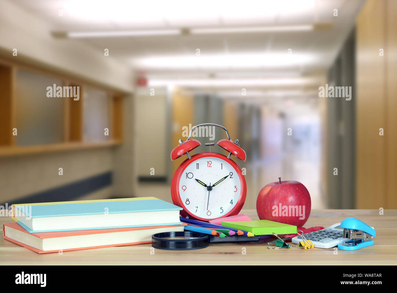 very blurry school hall background and book for education concept Stock ...
