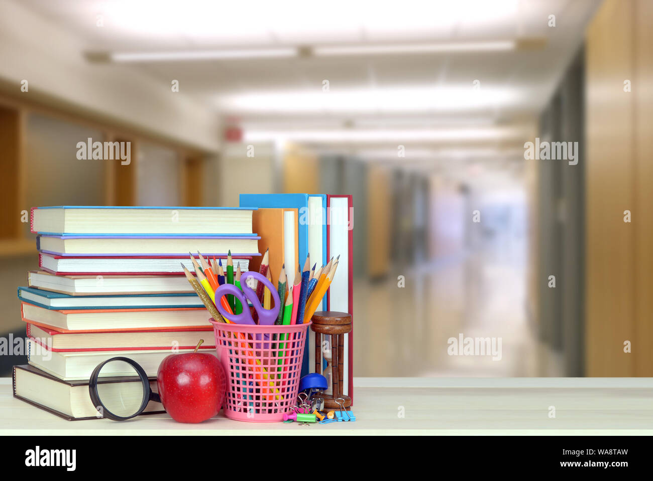 very blurry school hall background and book for education concept Stock ...