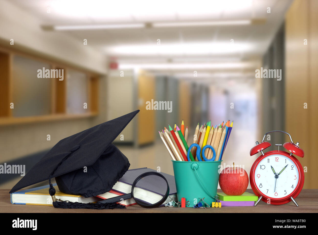 very blurry school hall background and book for education concept Stock ...