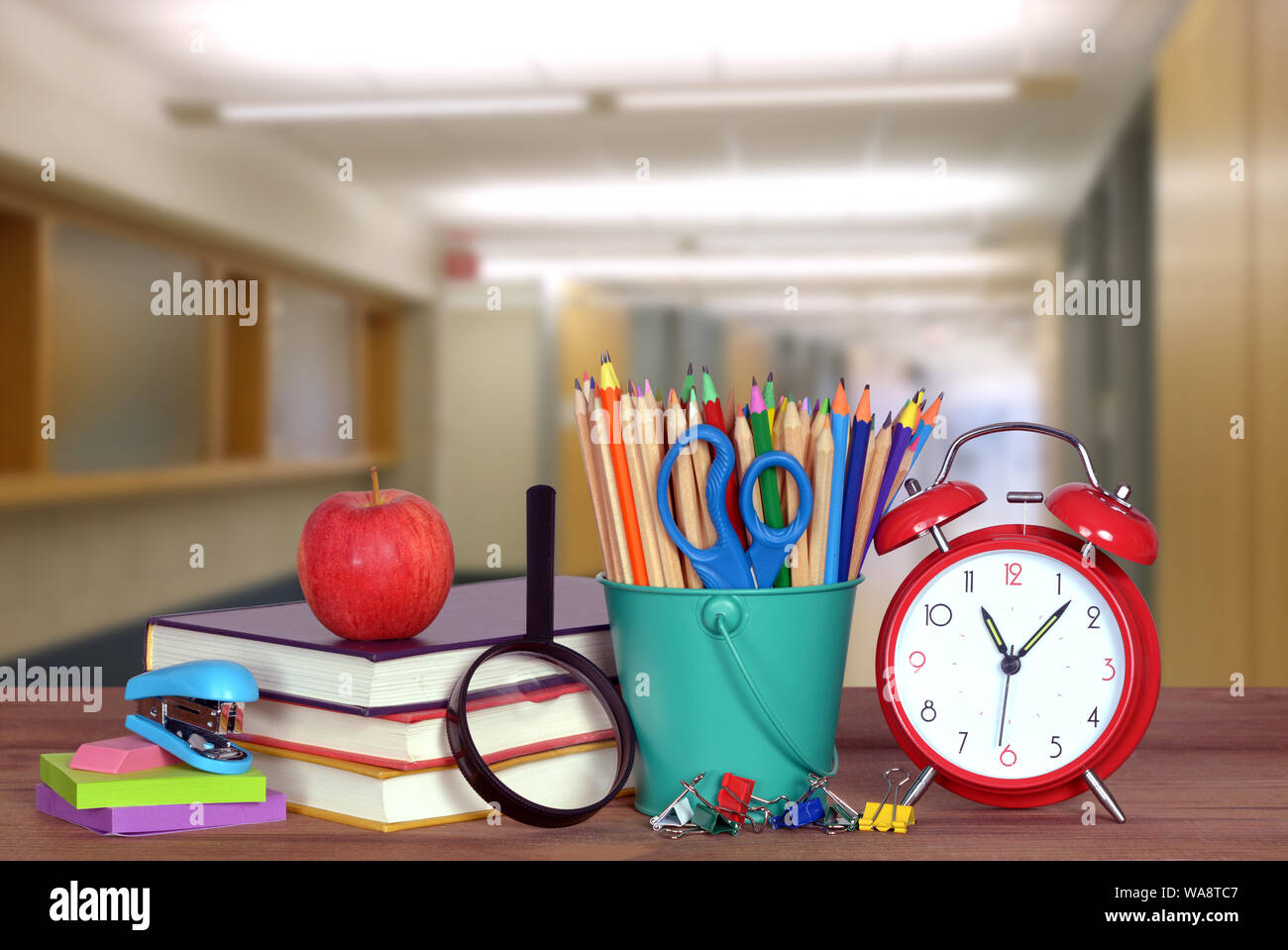 very blurry school hall background and book for education concept Stock ...