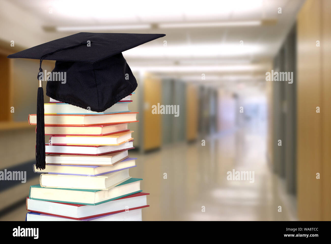 very blurry school hall background and book for education concept Stock ...