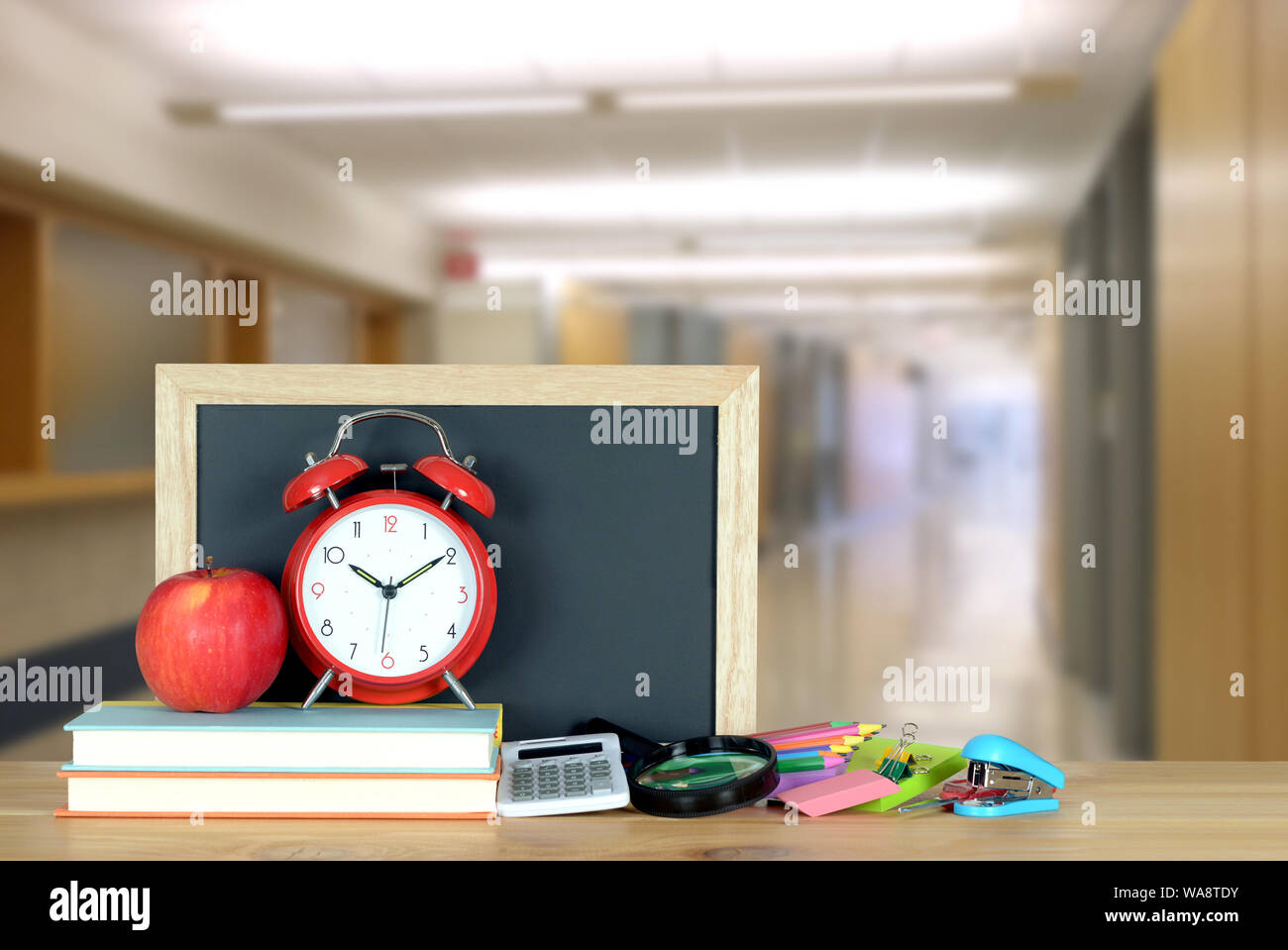 very blurry school hall background and book for education concept Stock ...
