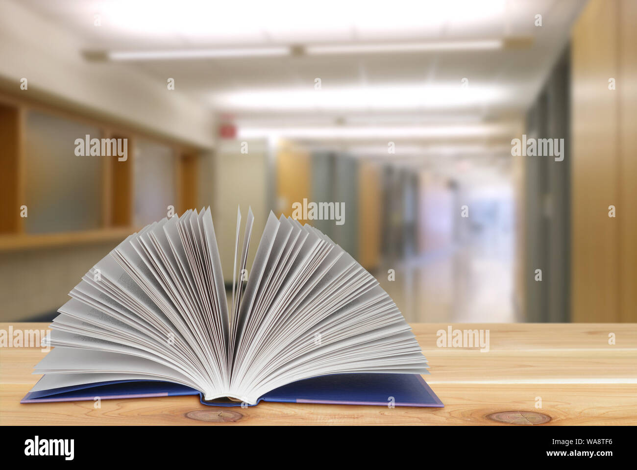 very blurry school hall background and book for education concept Stock ...
