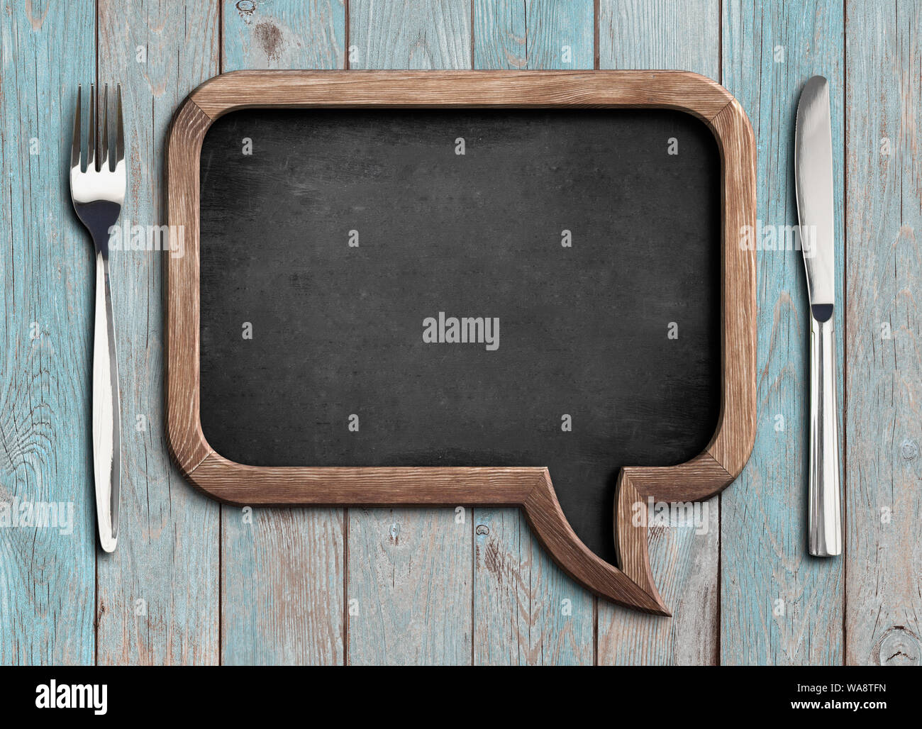 menu blackboard frame on blue weared wooden dinning table Stock Photo ...