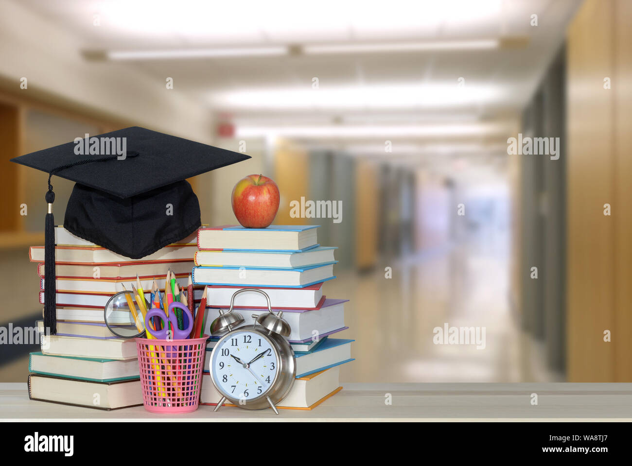 very blurry school hall background and book for education concept Stock ...