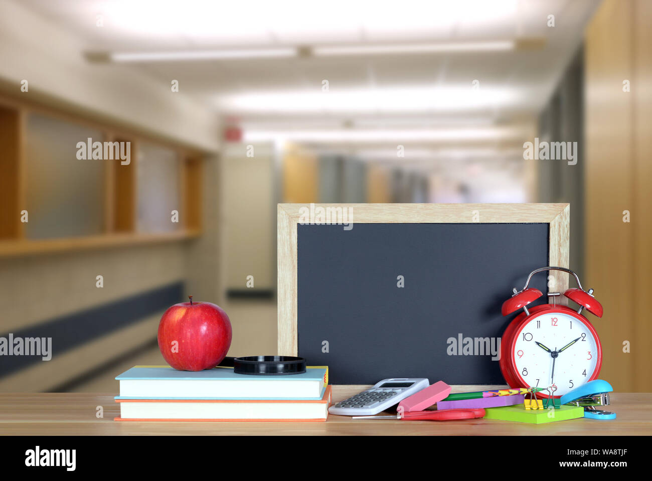 very blurry school hall background and book for education concept Stock ...