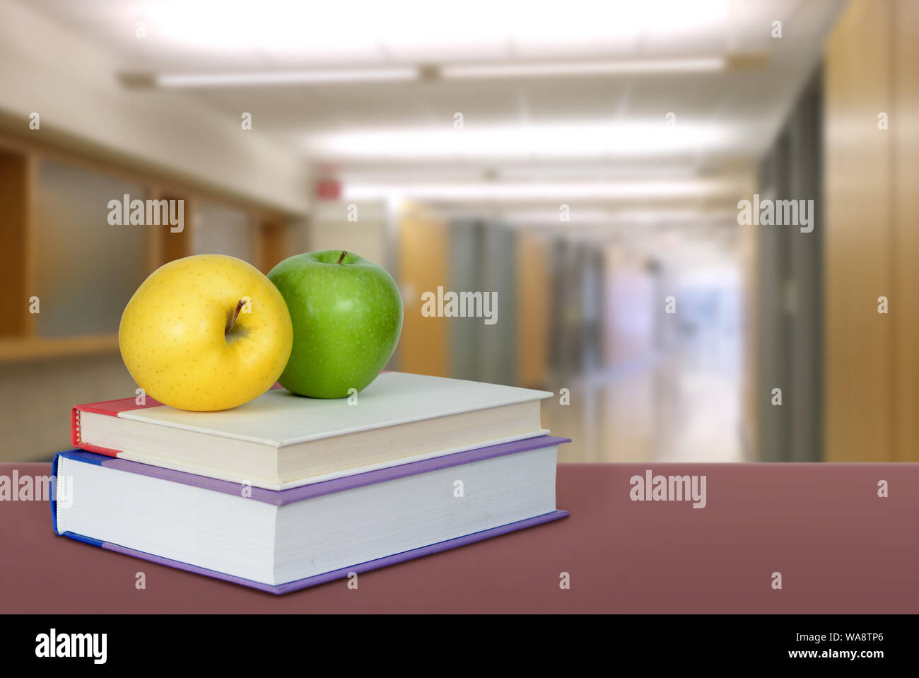 very blurry school hall background and book for education concept Stock ...