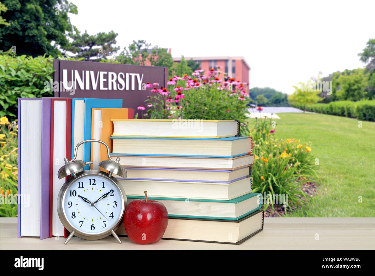the front of university in Spring with books for education concept ...