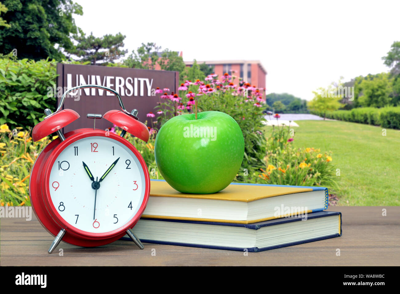 the front of university in Spring with books for education concept ...
