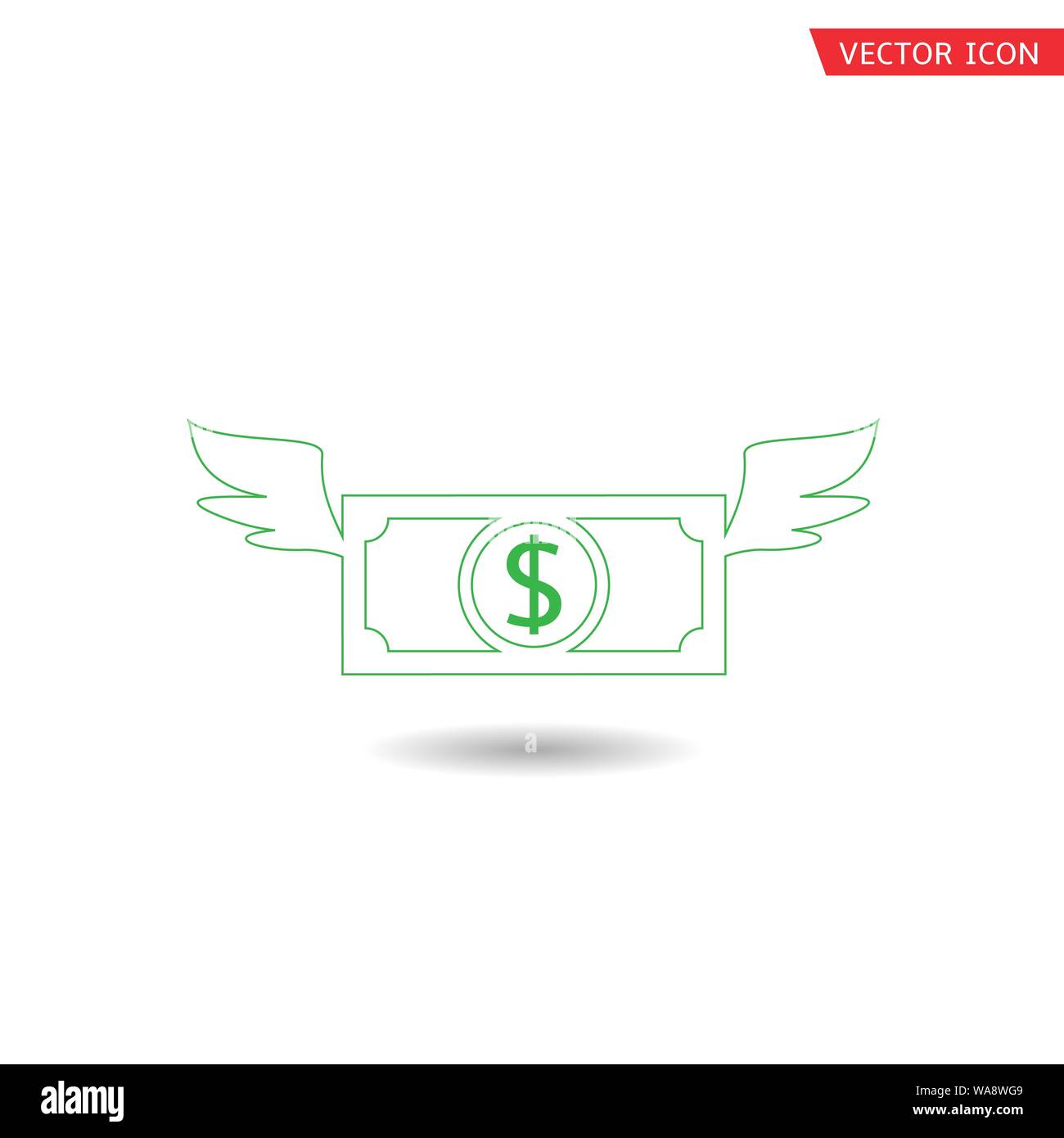 Green Outline Flying dollar icon. Dollar banknote with wings symbol ...