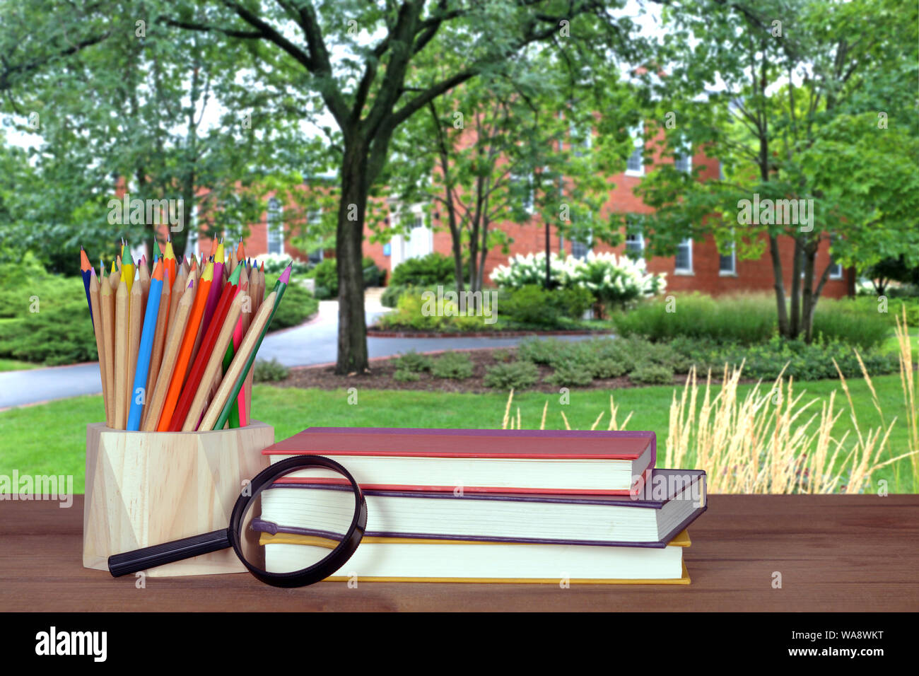 a campus of university in Spring with books for education concept Stock ...