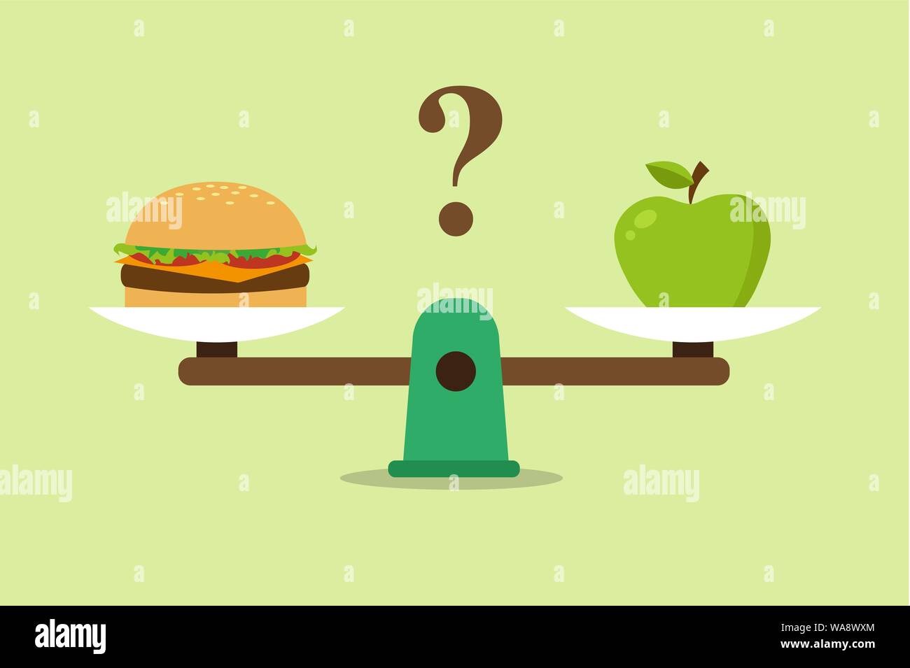 Apple and hamburger on scales. Diet and healthy food. Vector ...