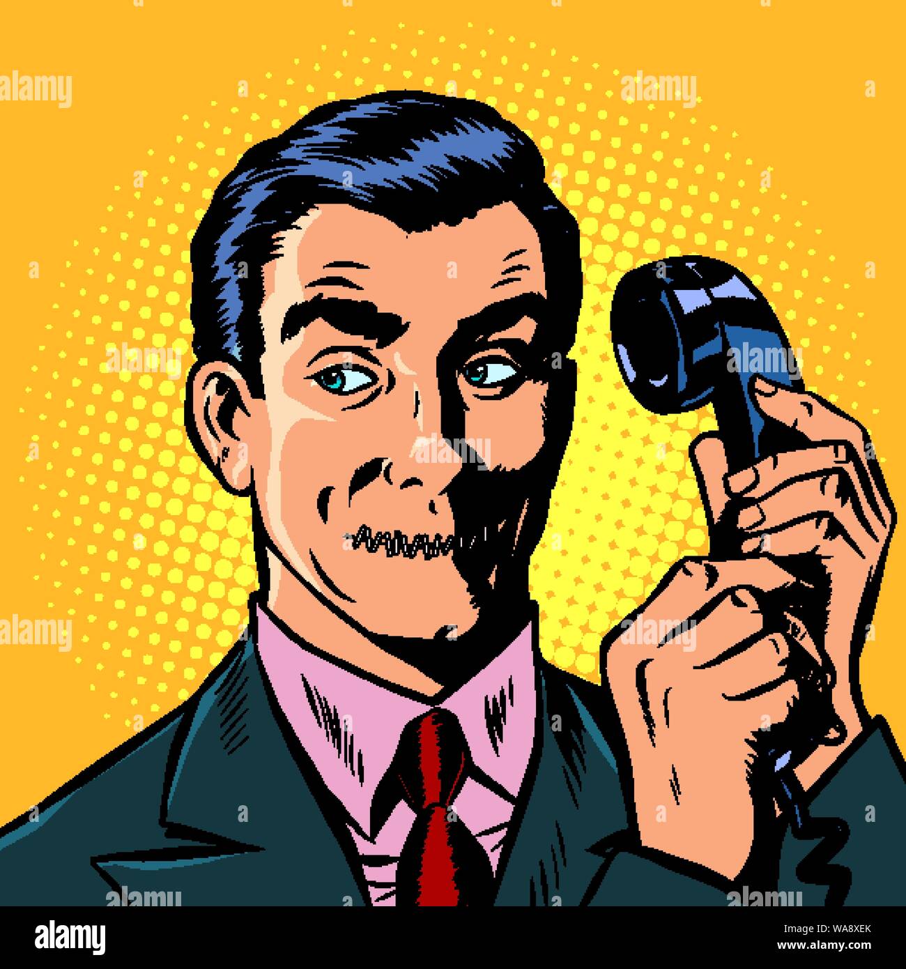 Mouth Shut Serious Man Talking On A Retro Phone Pop Art Retro Vector