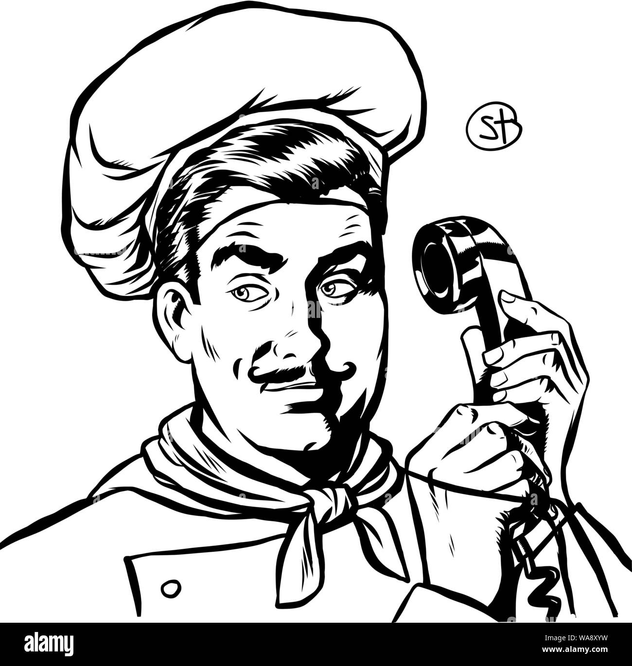 serious cook talking on a retro phone. Pop art retro vector ...