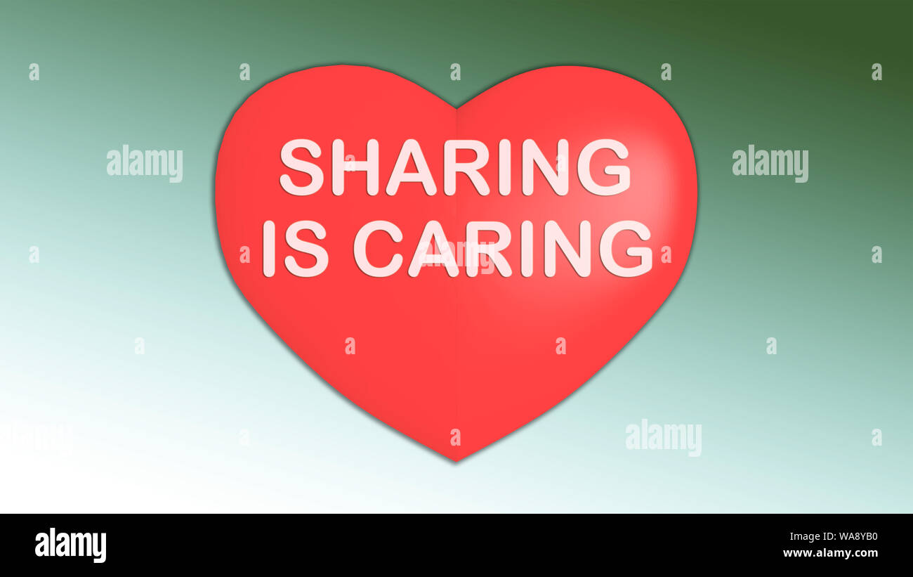 3D illustration of SHARING IS CARING title on red heart, isolated on ...