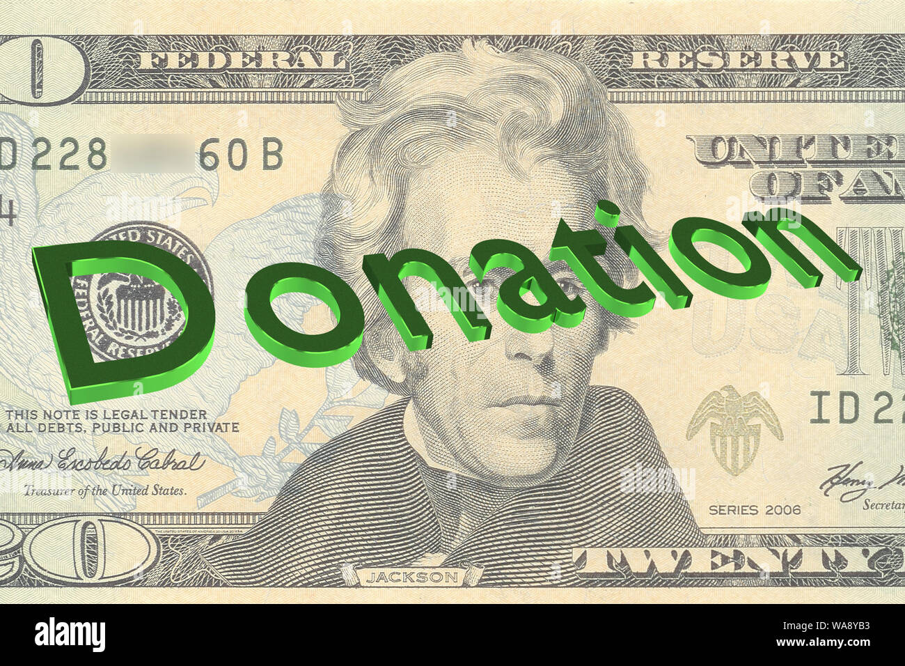 3D illustration of Donation title on Twenty Dollar bill as a background ...