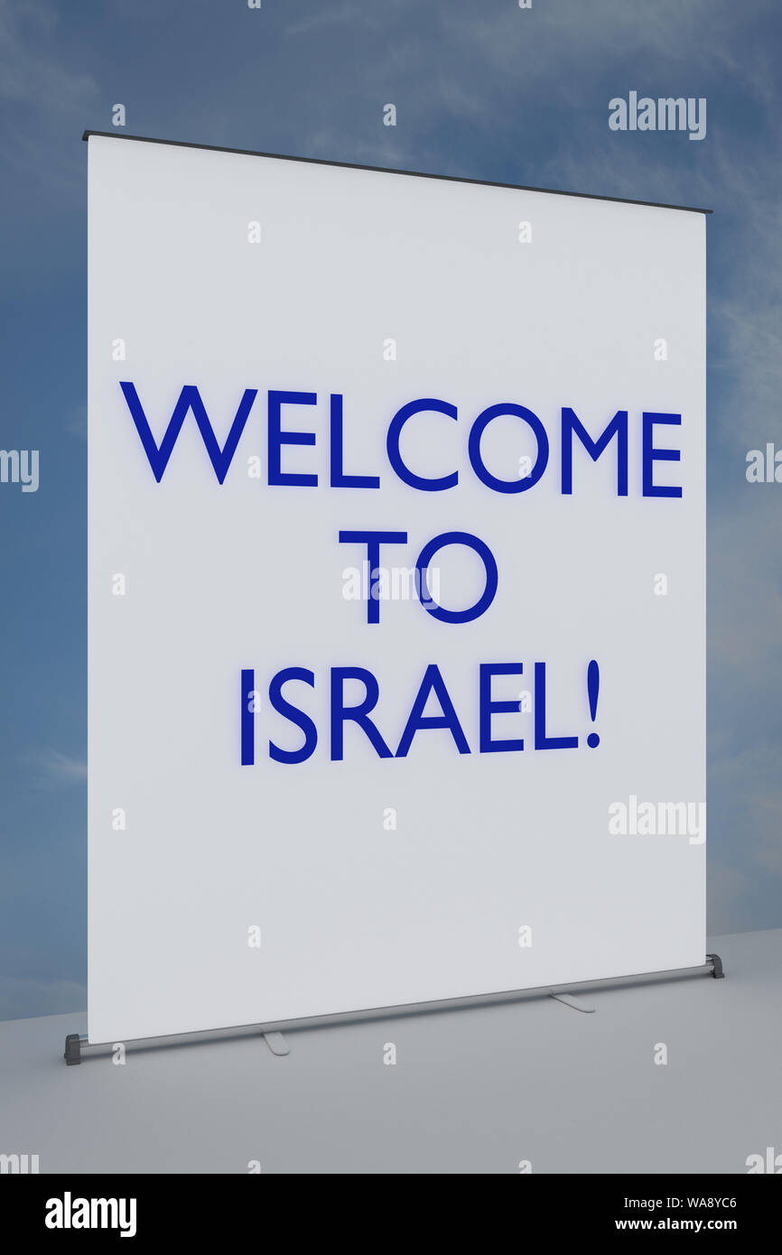 3D illustration of WELCOME TO ISRAEL! title on a roll-up device Stock ...